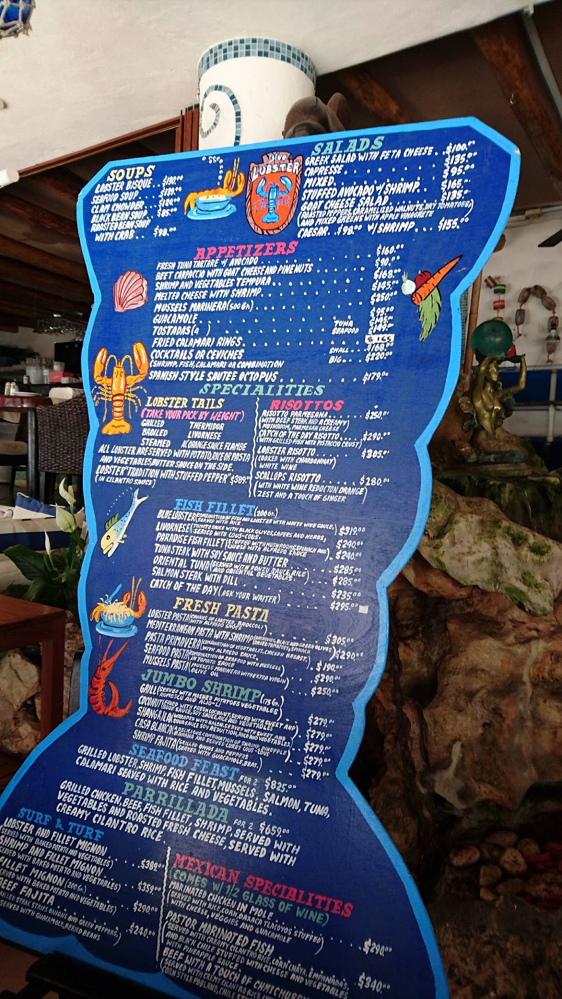 Menu at Blue Lobster restaurant, Playa del Carmen