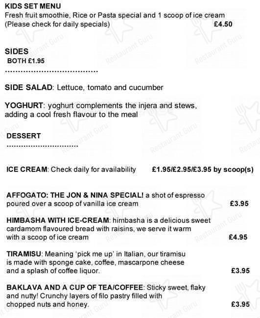 Menu at Blue Nile restaurant, London, 73 Woolwich New Rd
