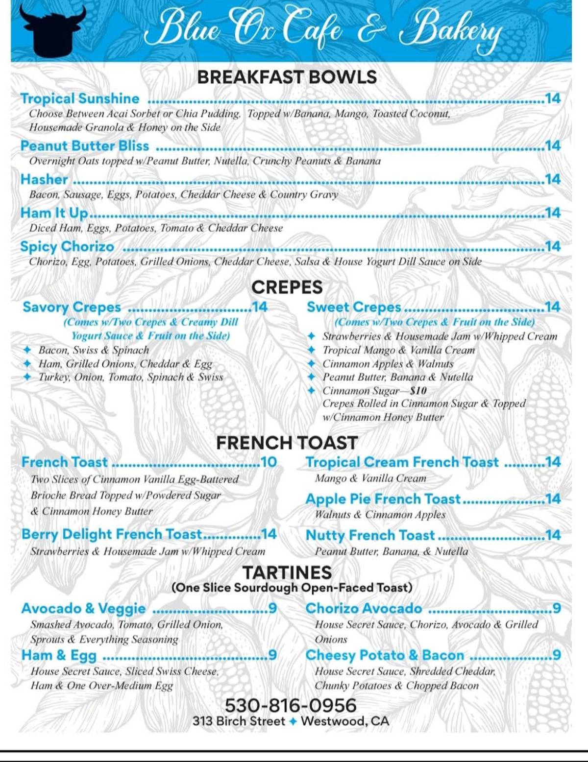 Menu at Blue Ox Cafe, Westwood
