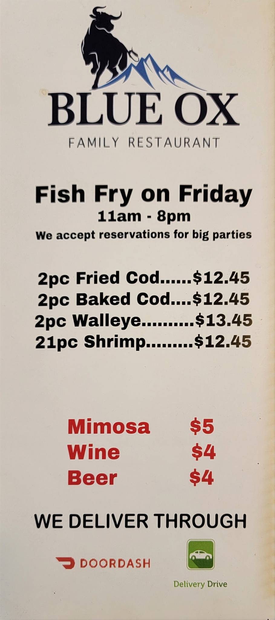 Menu at Blue Ox Restaurant, Monroe