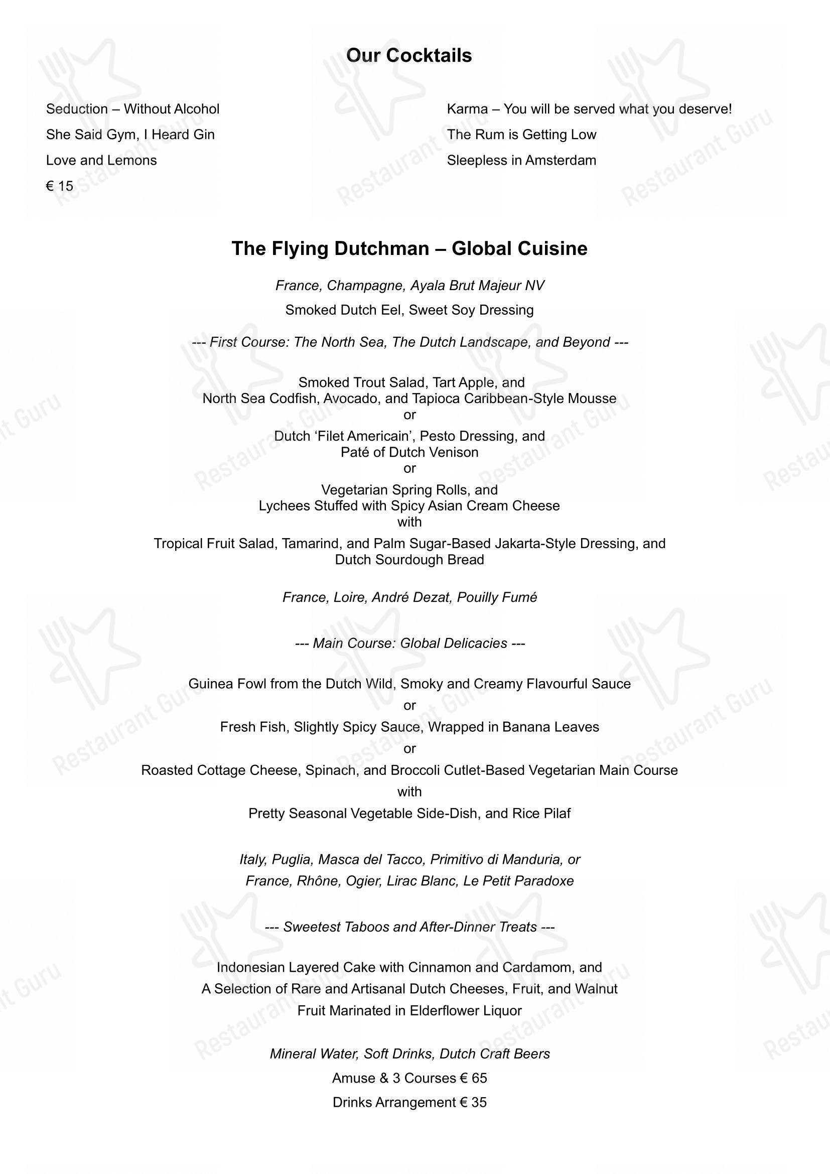 Menu at Blue Pepper Restaurant and Candlelight Cruises, Amsterdam