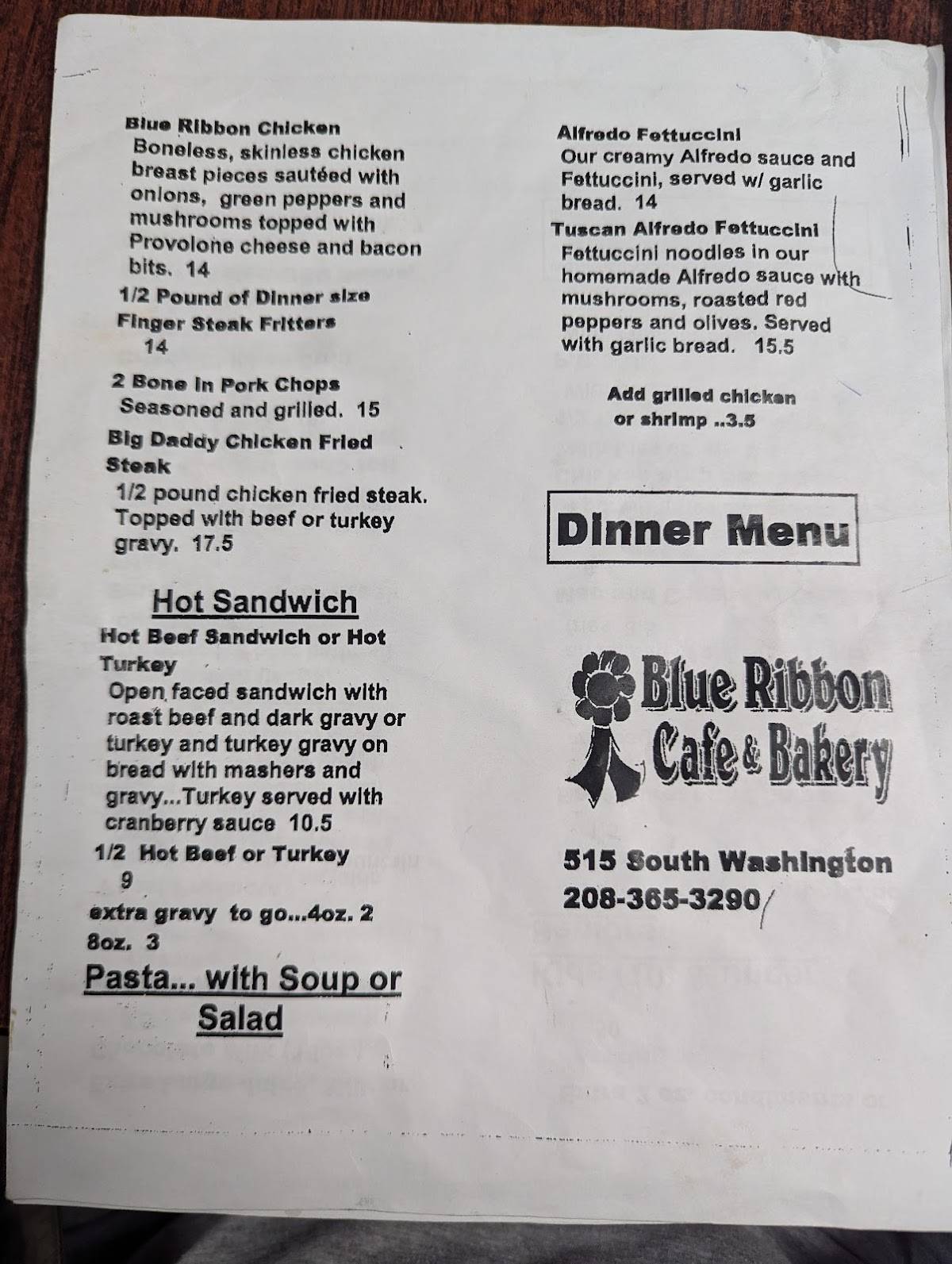 Menu at Blue Ribbon Café & Bakery, Emmett
