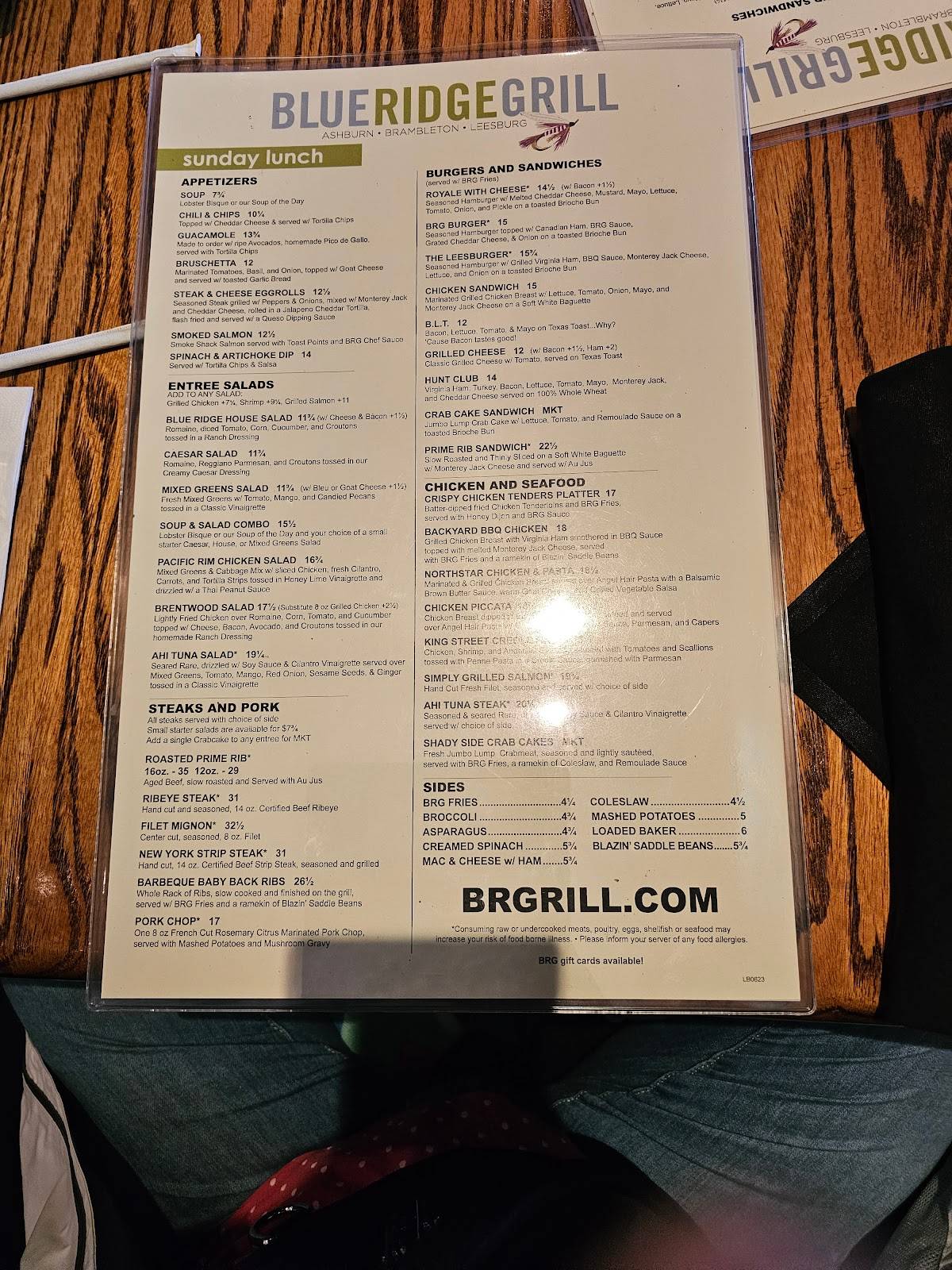Menu at Blue Ridge Grill steakhouse, Leesburg, 955 Edwards Ferry Rd NE