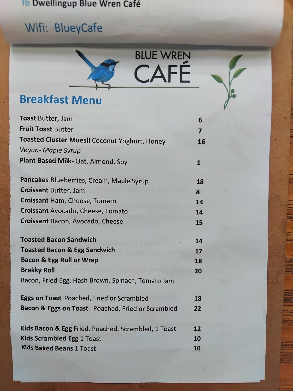 Menu at Blue Wren Cafe Dwellingup, Dwellingup