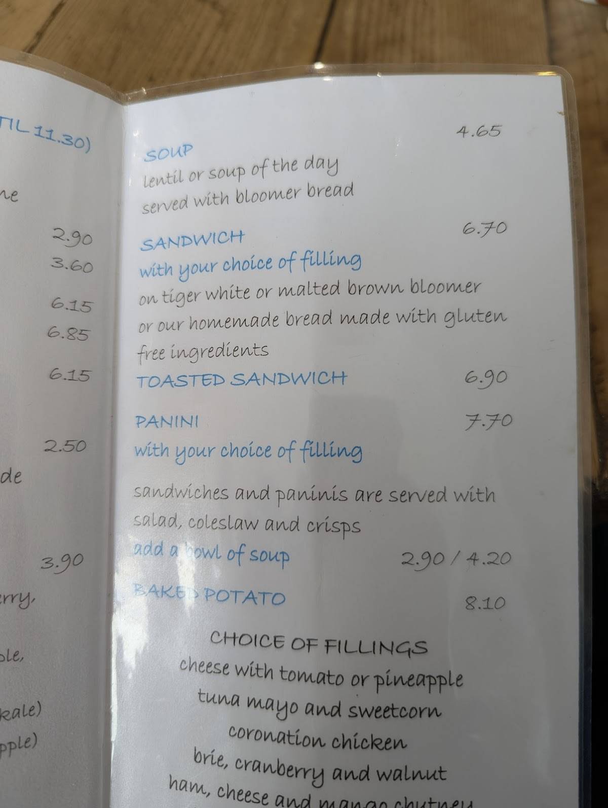 Menu at Blueberrys cafe, Troon