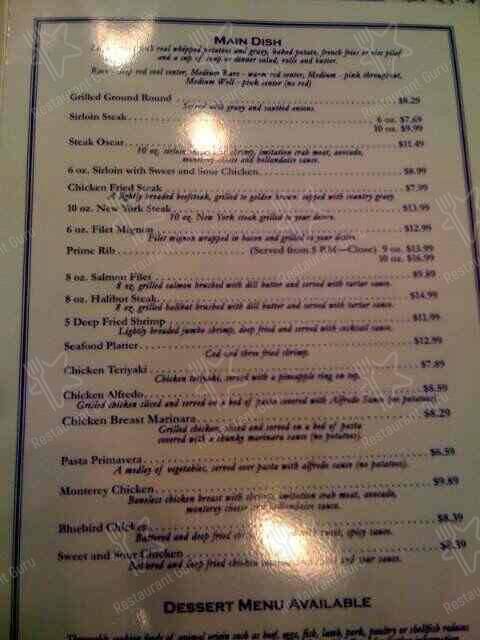 Menu at The Bluebird Restaurant, Logan