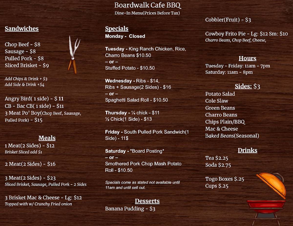Menu at Boardwalk Cafe & BBQ, Corpus Christi