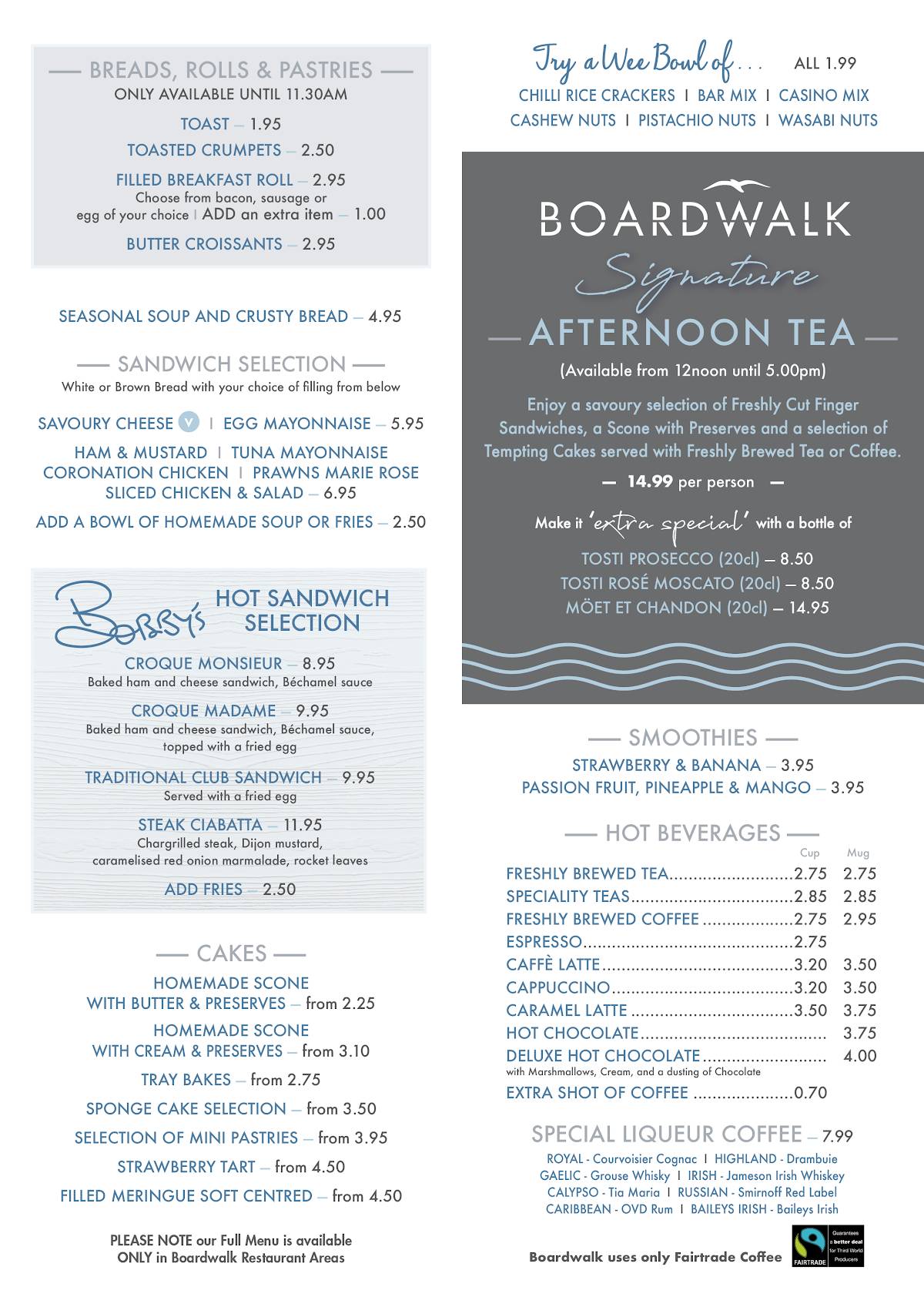 Menu at Boardwalk restaurant, Falkirk