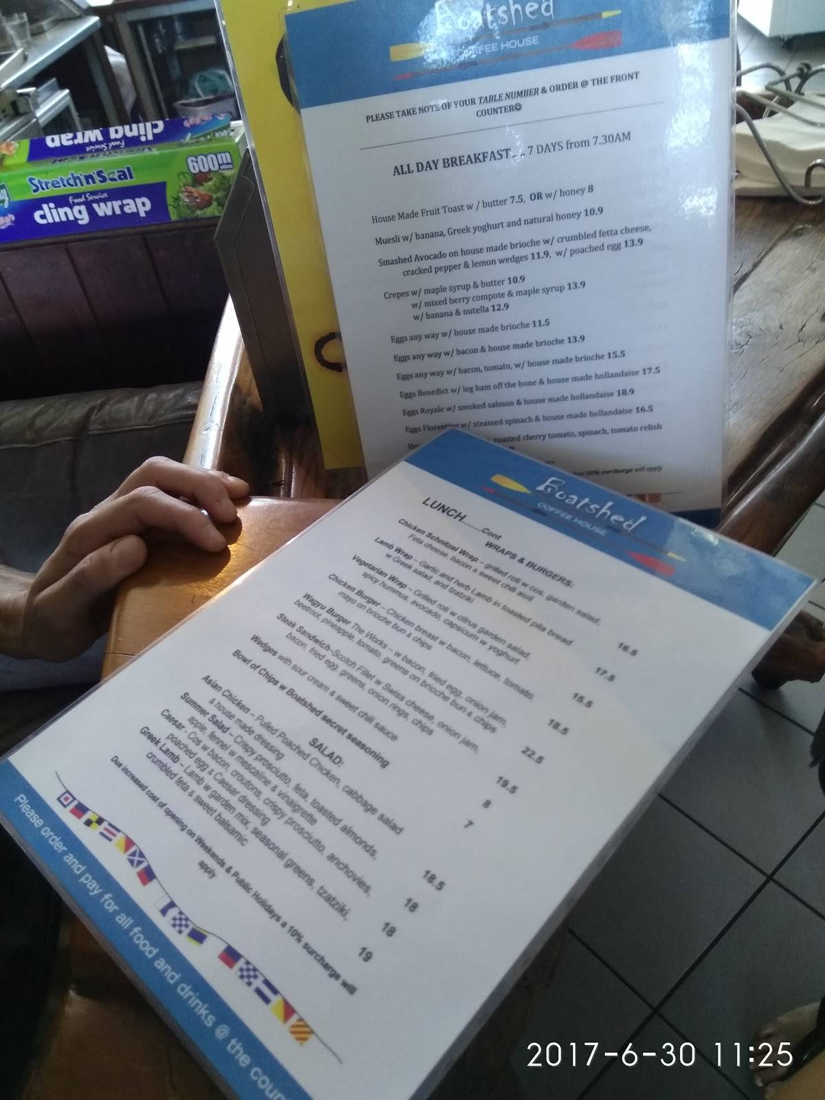 Menu at Boatshed Coffee House, Darwin City