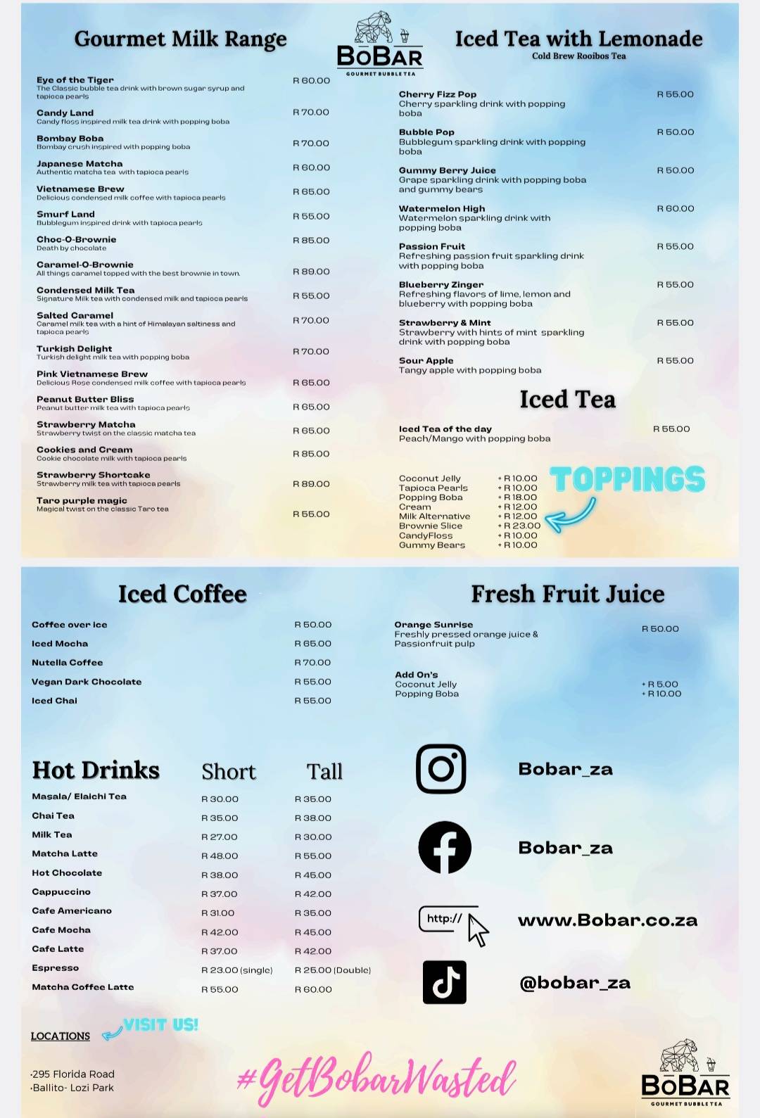 Menu at Bobar Gourmet BubbleTea(halaal) -Florida Road, Durban