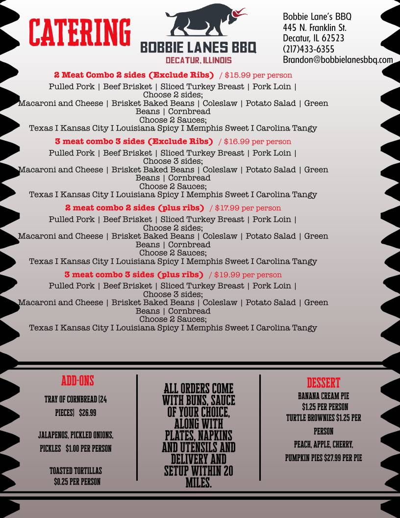 Menu at Bobbie Lane's BBQ, Decatur