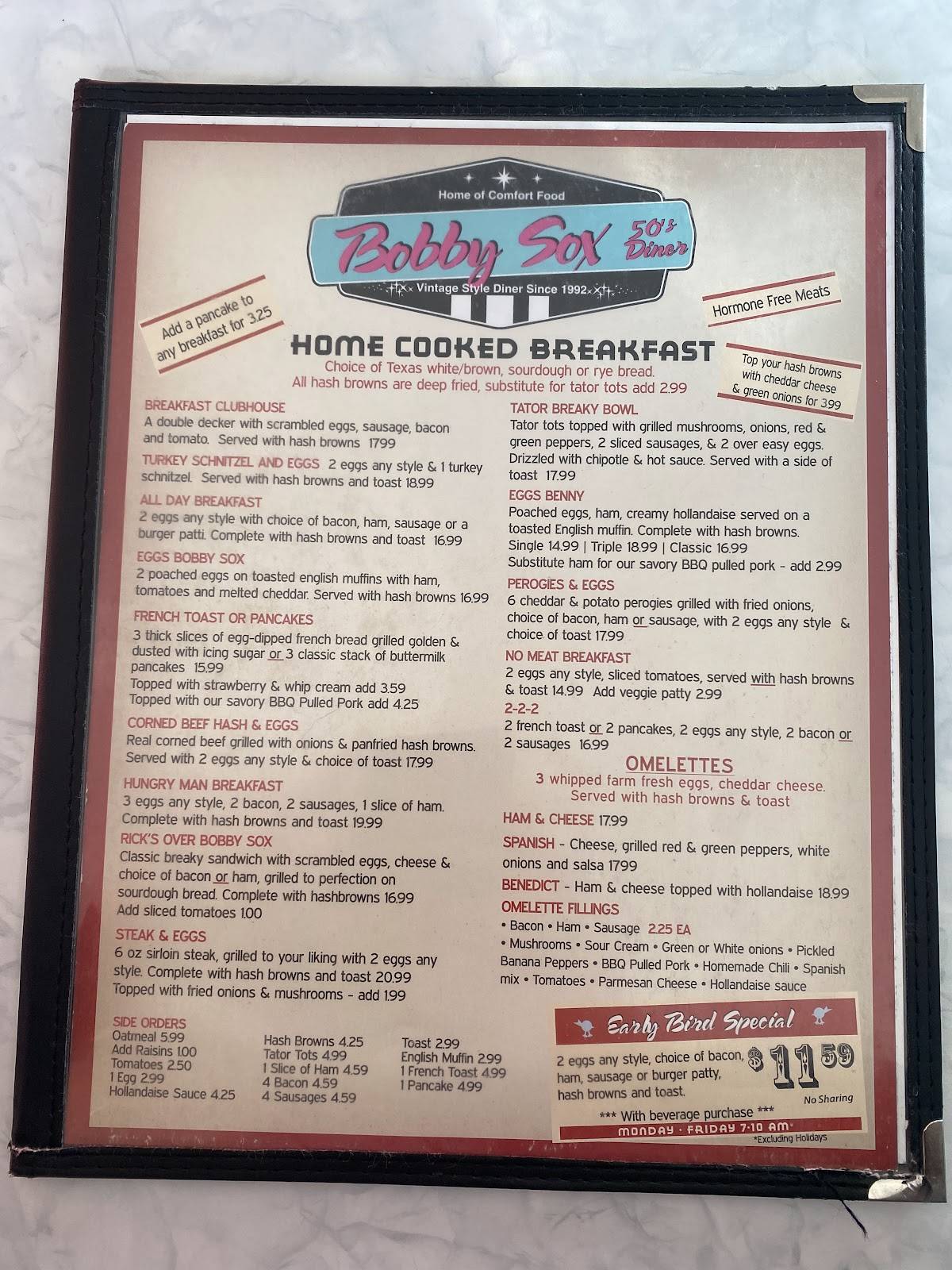 Menu at Bobby Sox 50's Diner restaurant, Maple Ridge