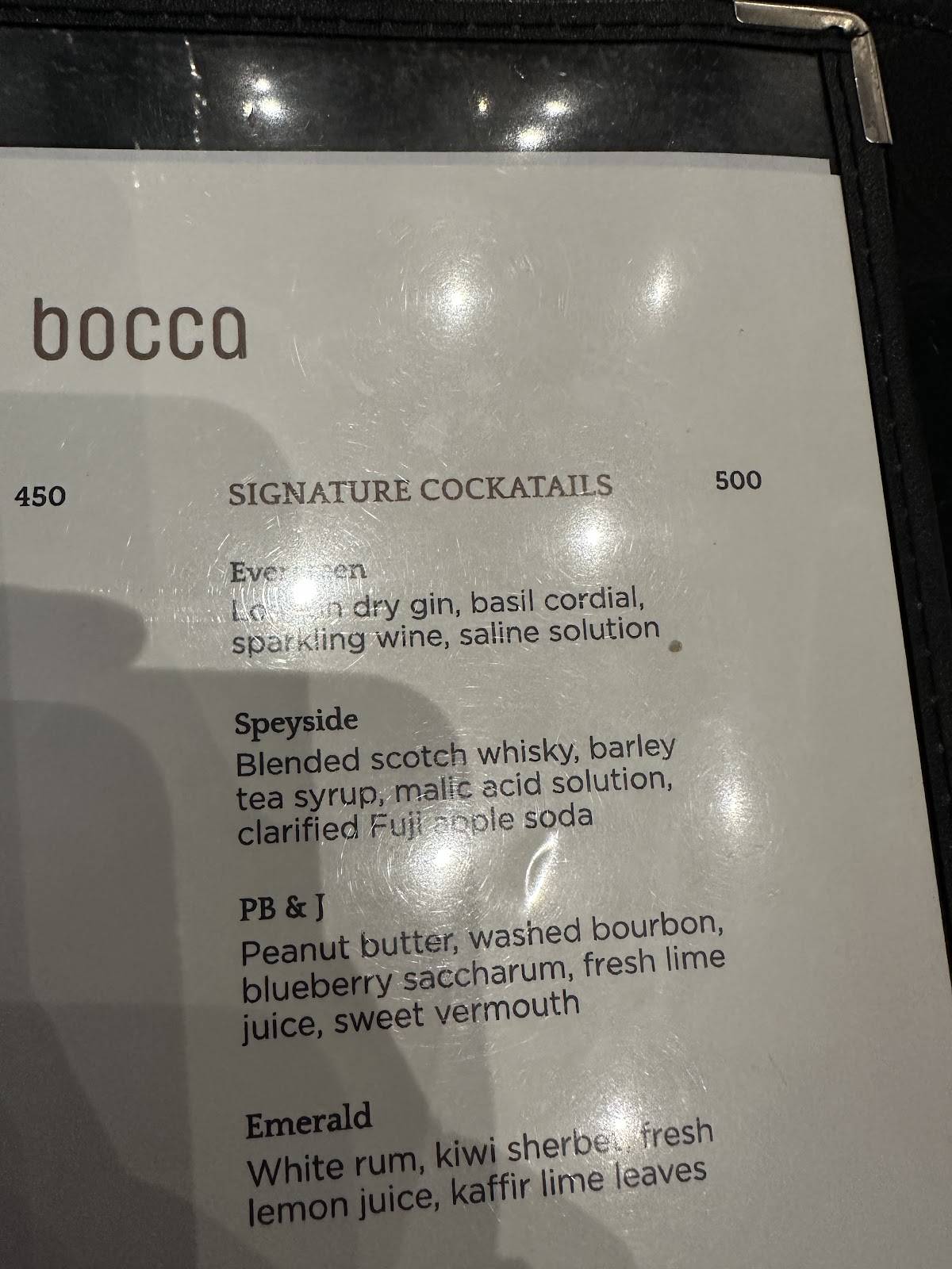 Menu at Bocca restaurant, Quezon City