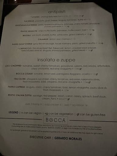 Menu at Bocca pub & bar, Indianapolis