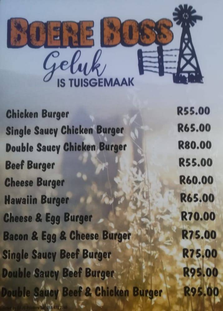 Menu at Boere Boss restaurant, Orkney
