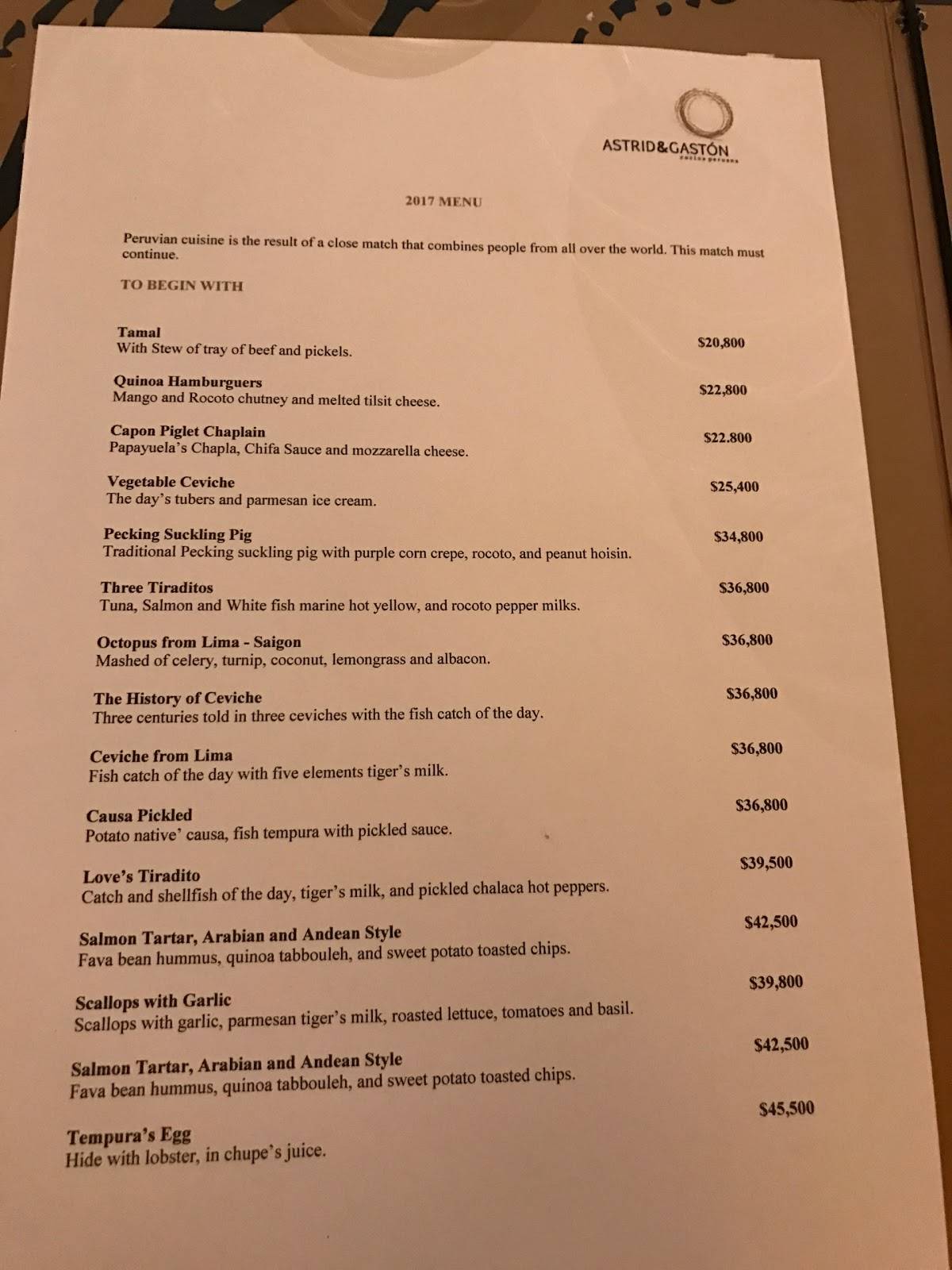 Menu at Astrid y Gaston restaurant, Bogotá