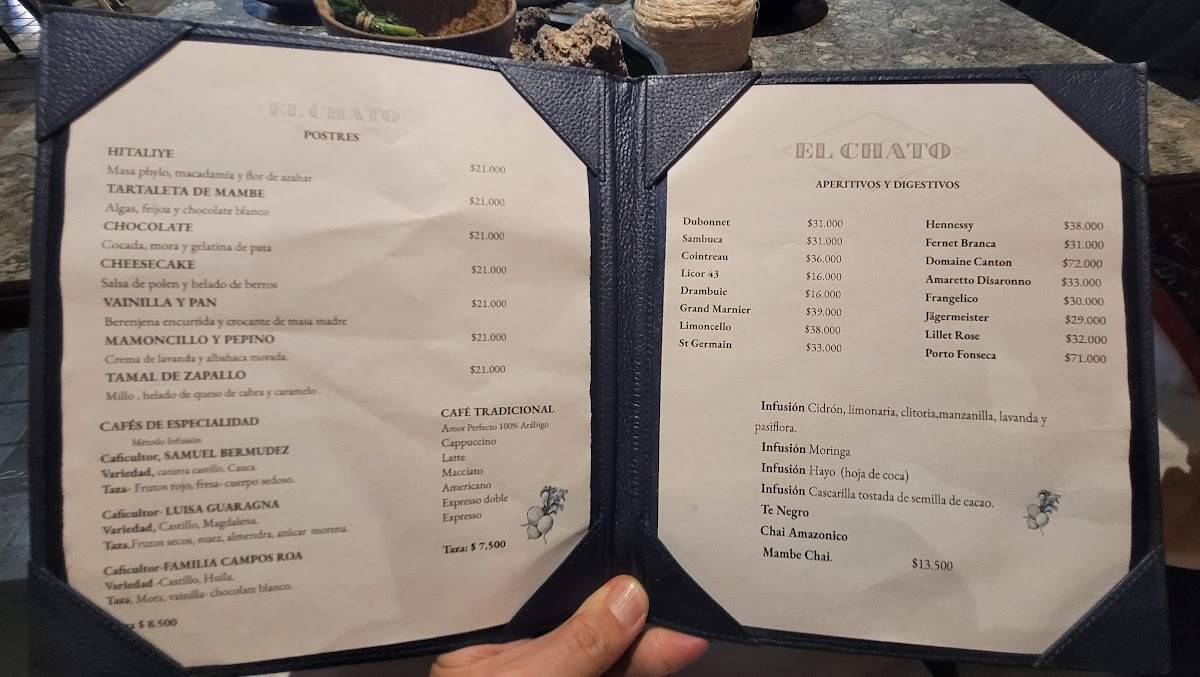 Carta del restaurante El Chato, Bogotá