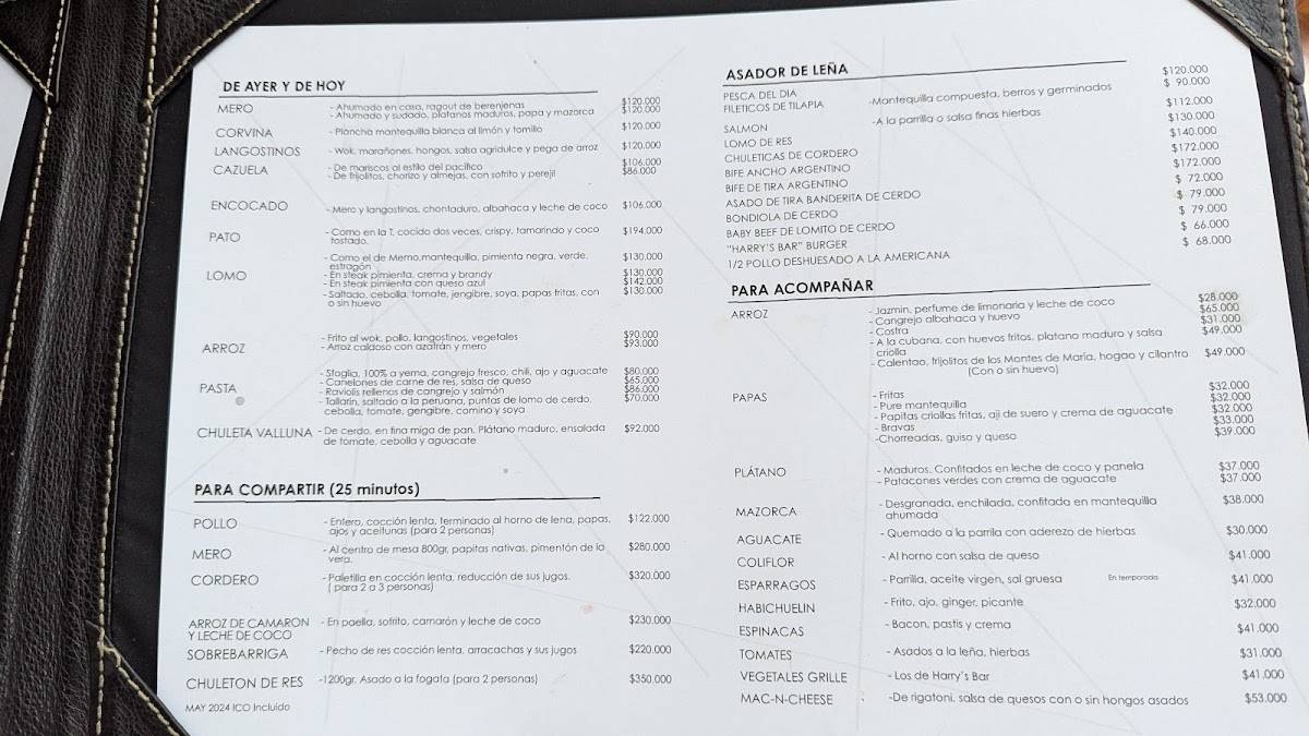 Menu at Harry Sasson restaurant, Bogotá, Cra. 9 #75-70