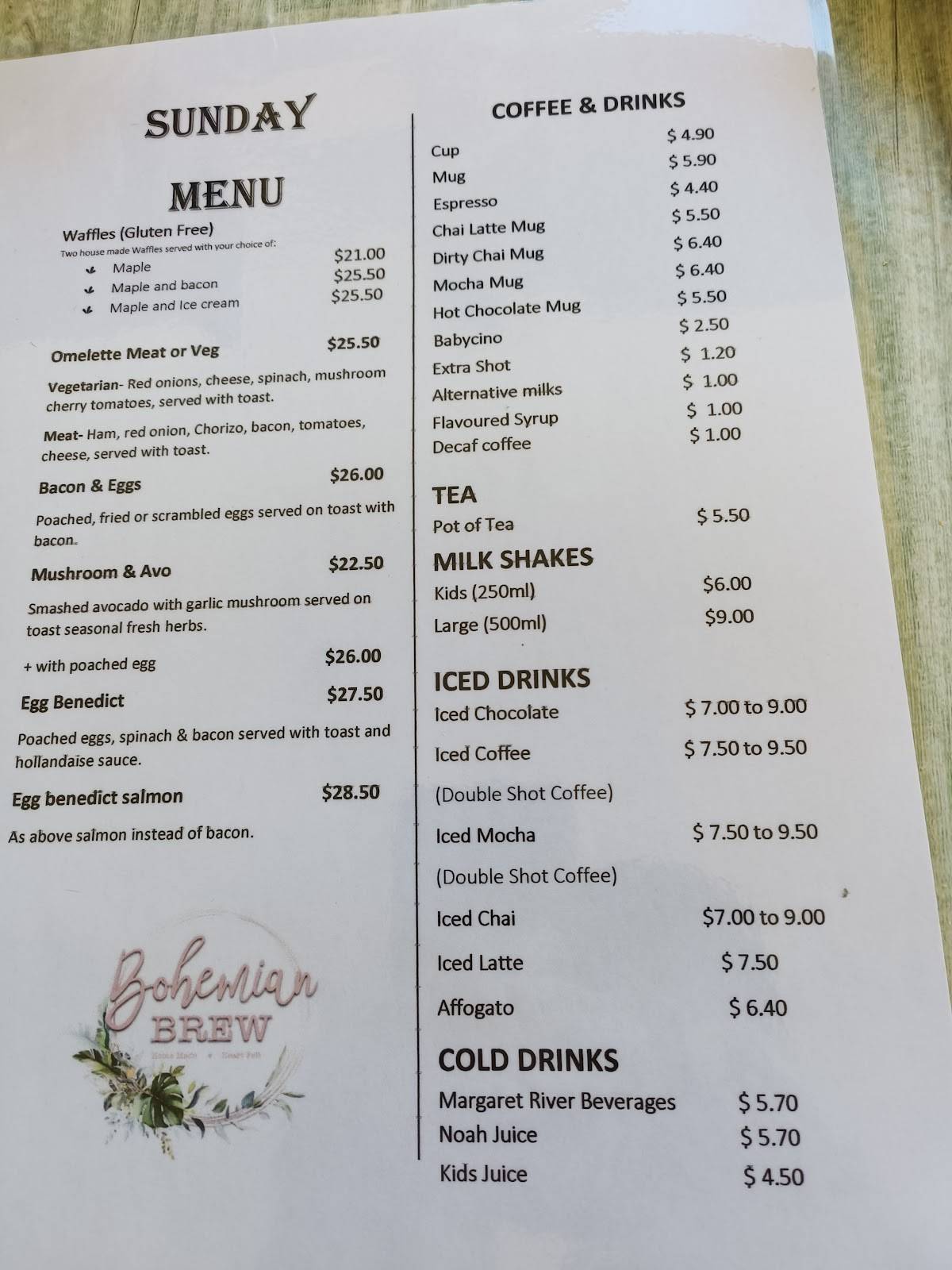Menu at Bohemian Brew cafe, Vasse