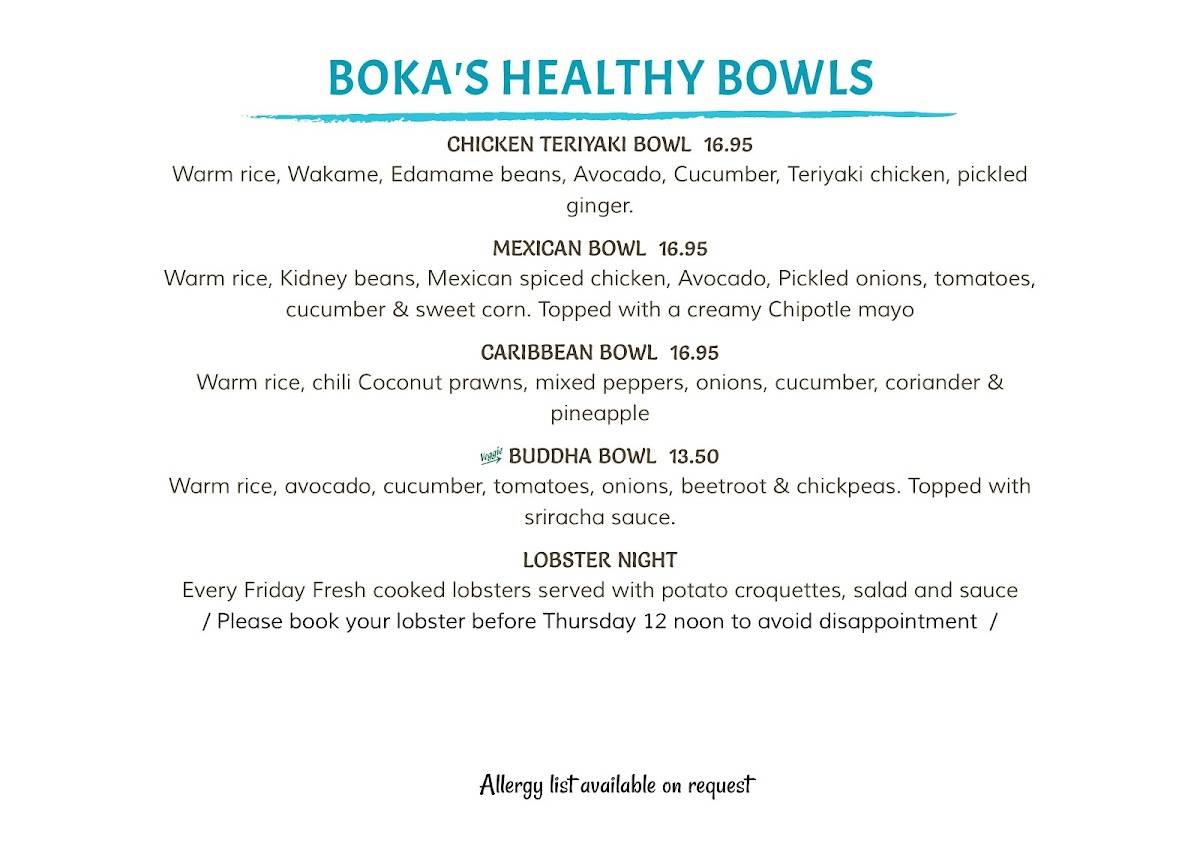 Menu at Boka restaurant, Kenmare, 17 Henry St