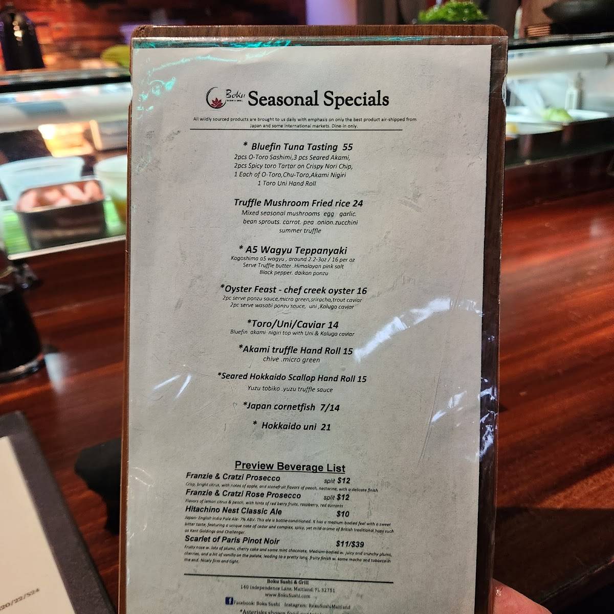 Menu at Boku Sushi & Grill restaurant, Maitland