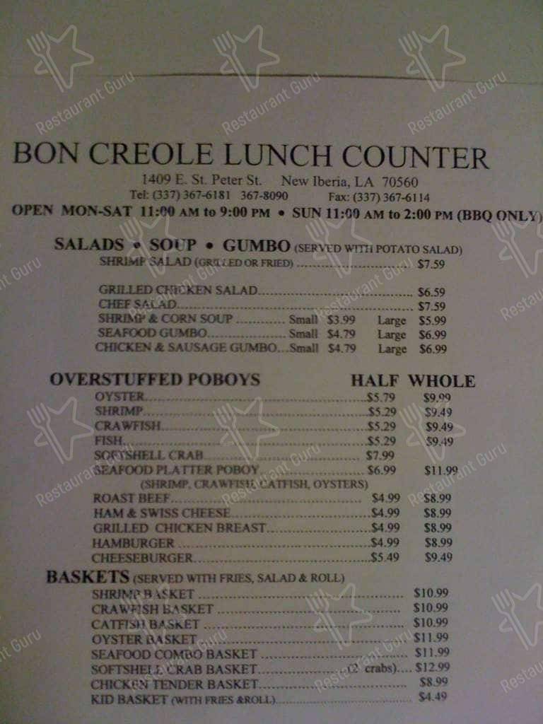 Menu at Bon Creole restaurant, New Iberia