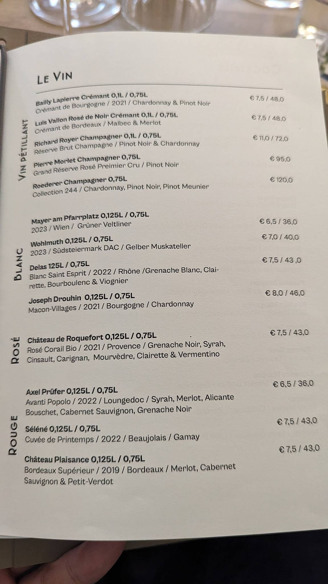 Carta del restaurante Bon Vivant, Viena