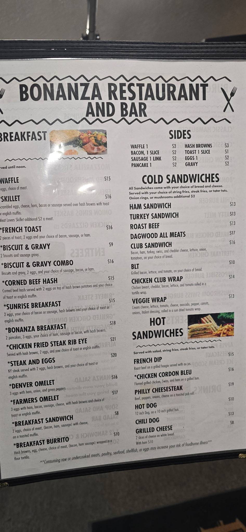 Menu at Bonanza Restaurant and Bar, Grand Ronde
