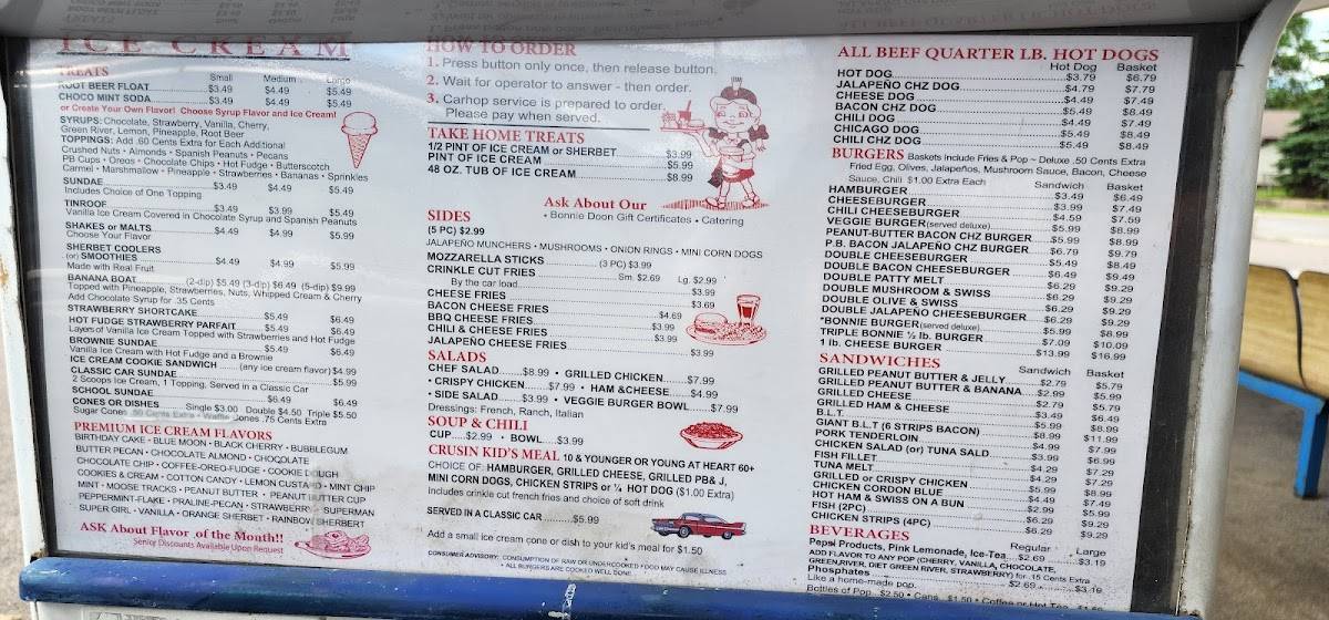 Menu at Bonnie Doon Drive-In restaurant, Mishawaka