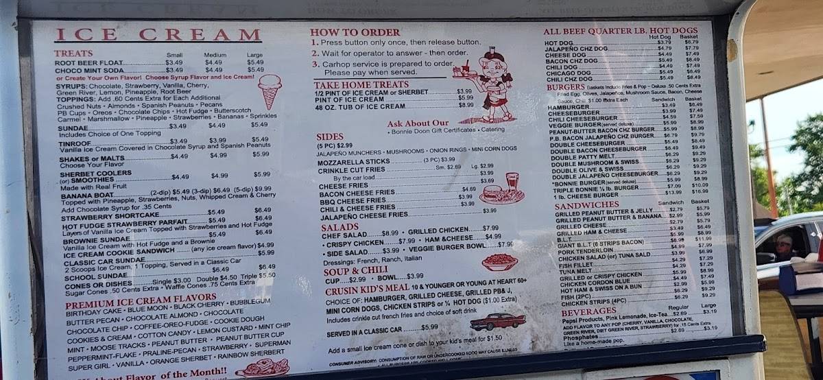 Menu at Bonnie Doon Drive-In restaurant, Mishawaka