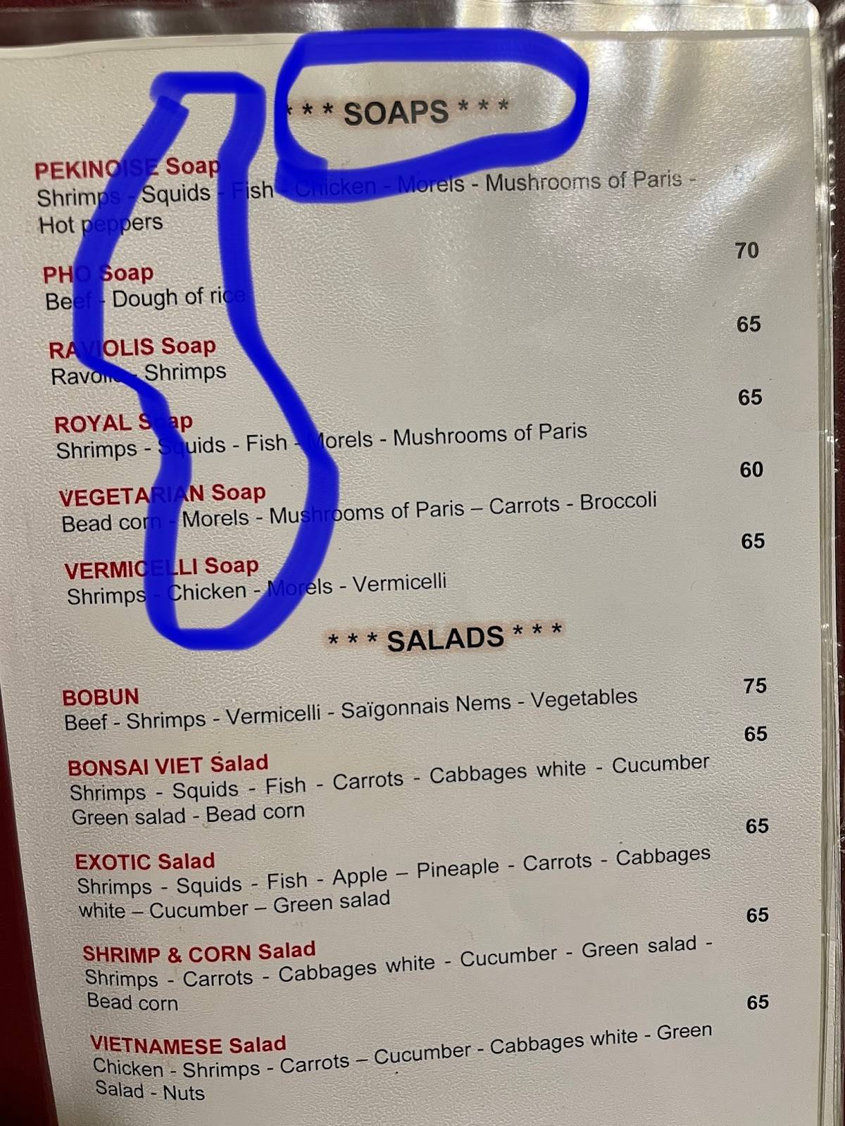 Menu au Bonsai restaurant, Casablanca