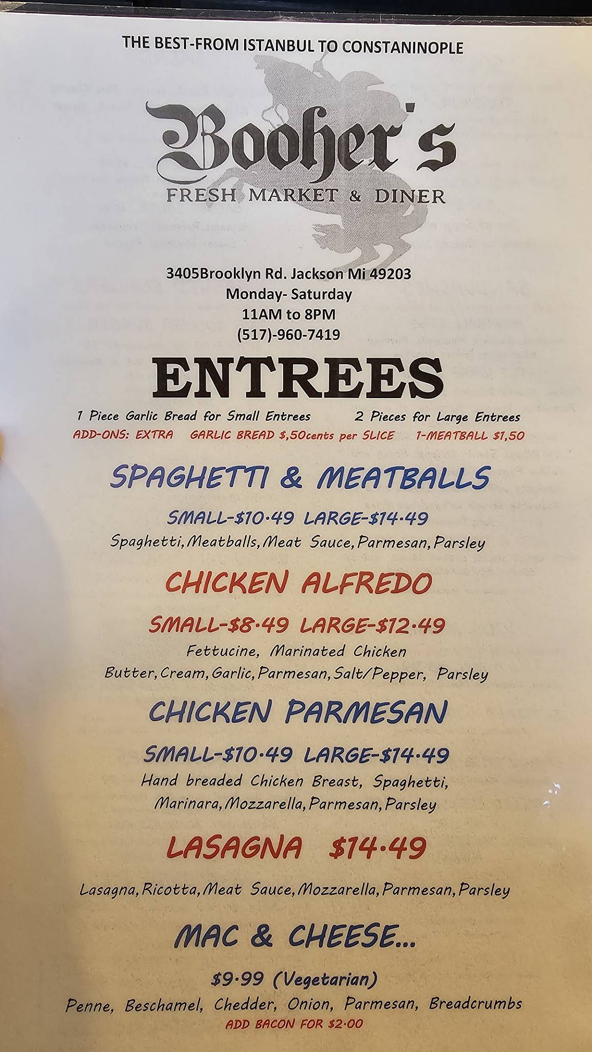 Menu at Booher’s Fresh Market & Diner restaurant, Jackson