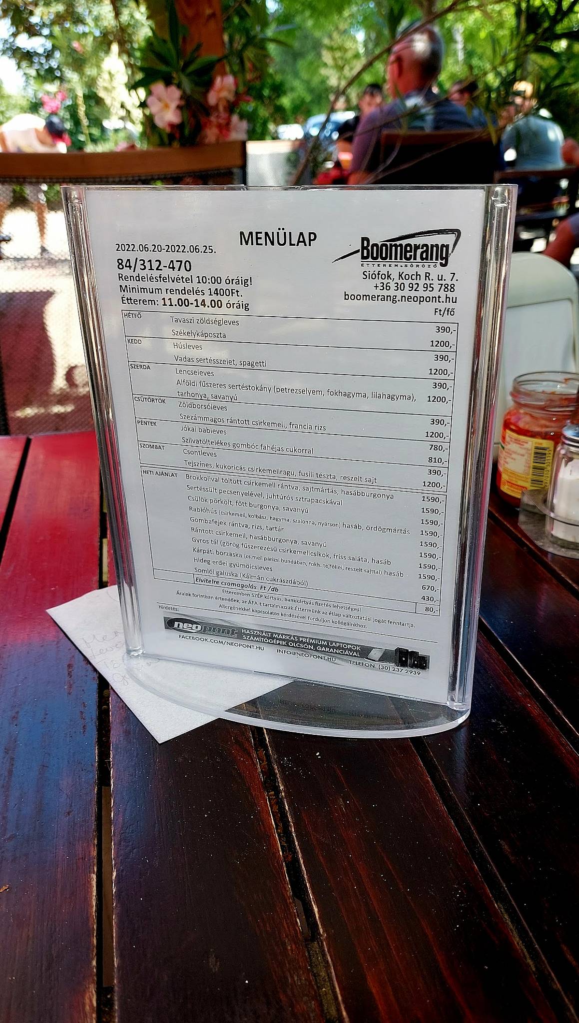Menu at Boomeráng Étterem, Söröző restaurant, Siófok