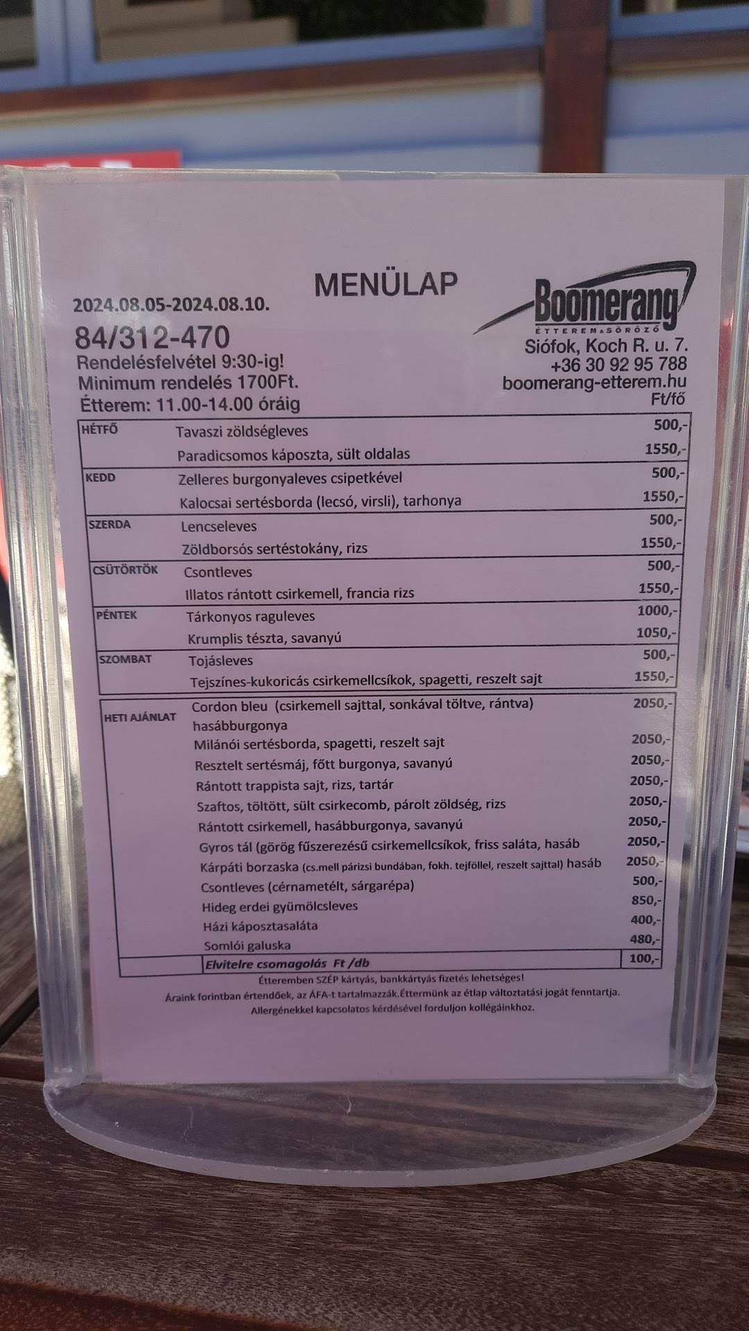 Menu at Boomeráng Étterem, Söröző restaurant, Siófok