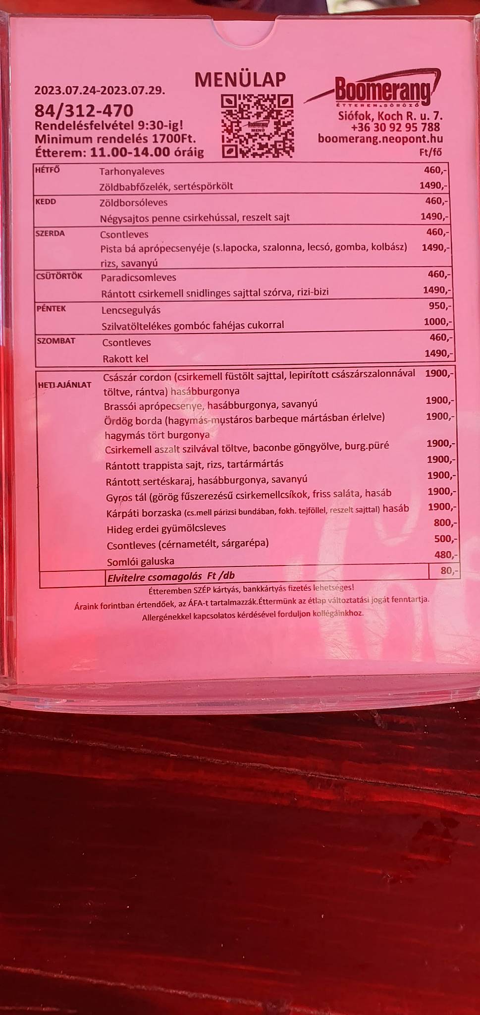 Menu at Boomeráng Étterem, Söröző restaurant, Siófok