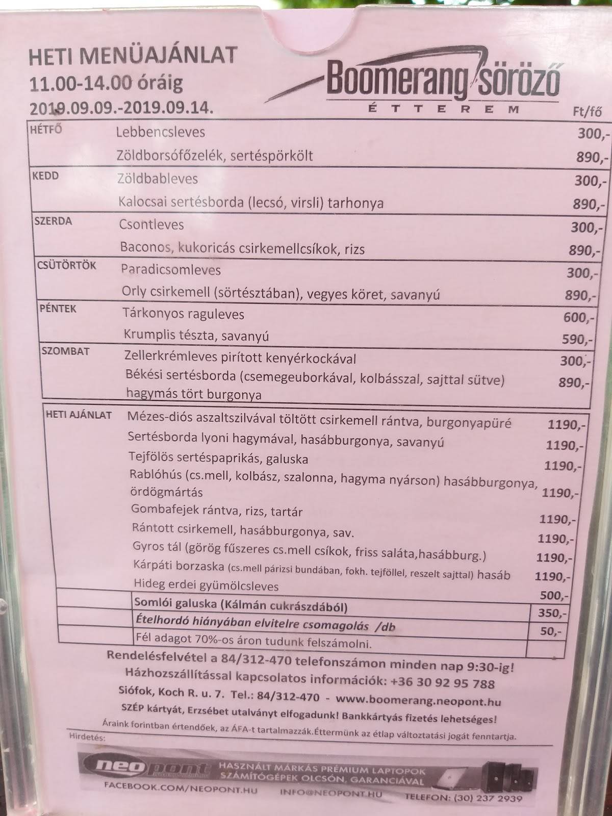 Menu at Boomeráng Étterem, Söröző restaurant, Siófok