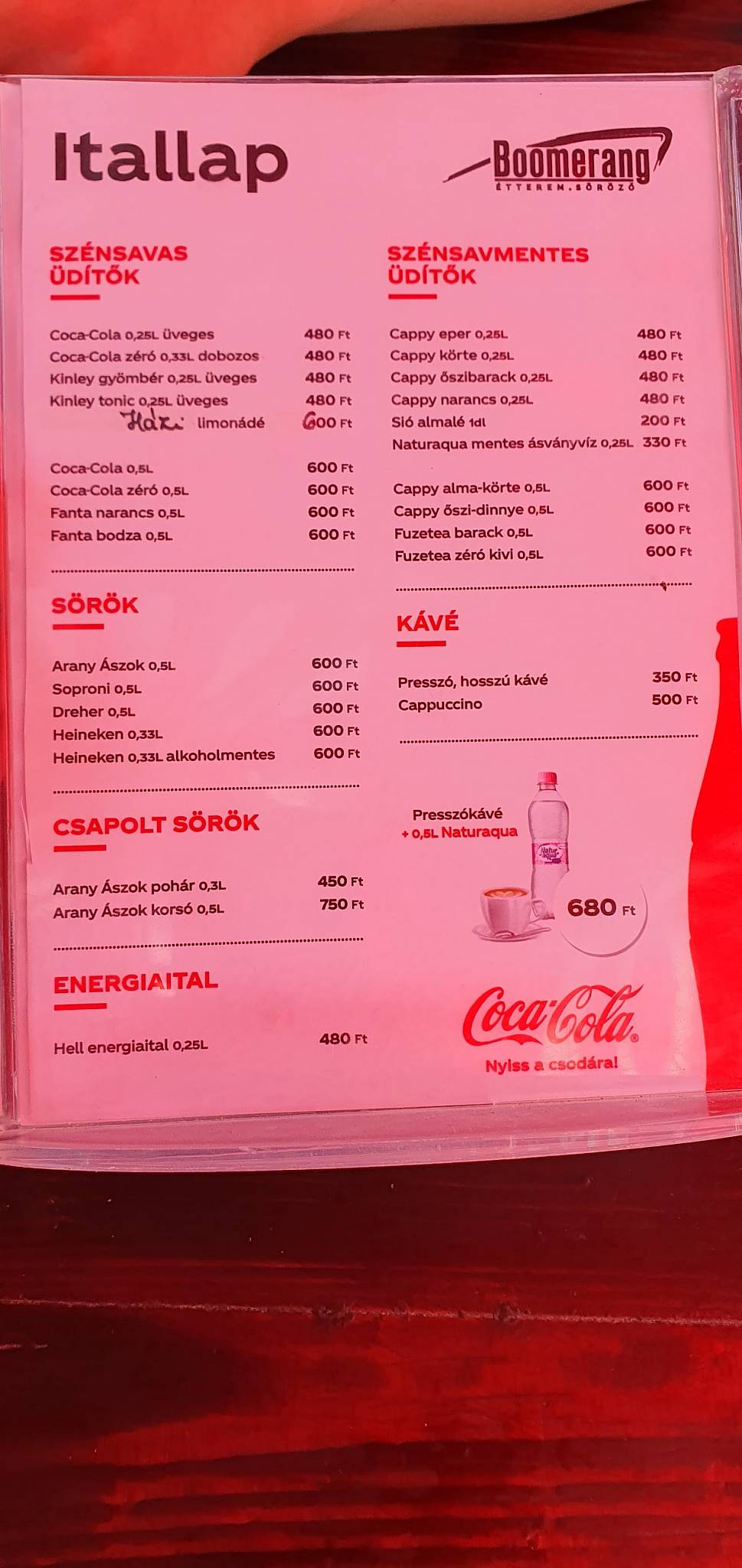 Menu at Boomeráng Étterem, Söröző restaurant, Siófok