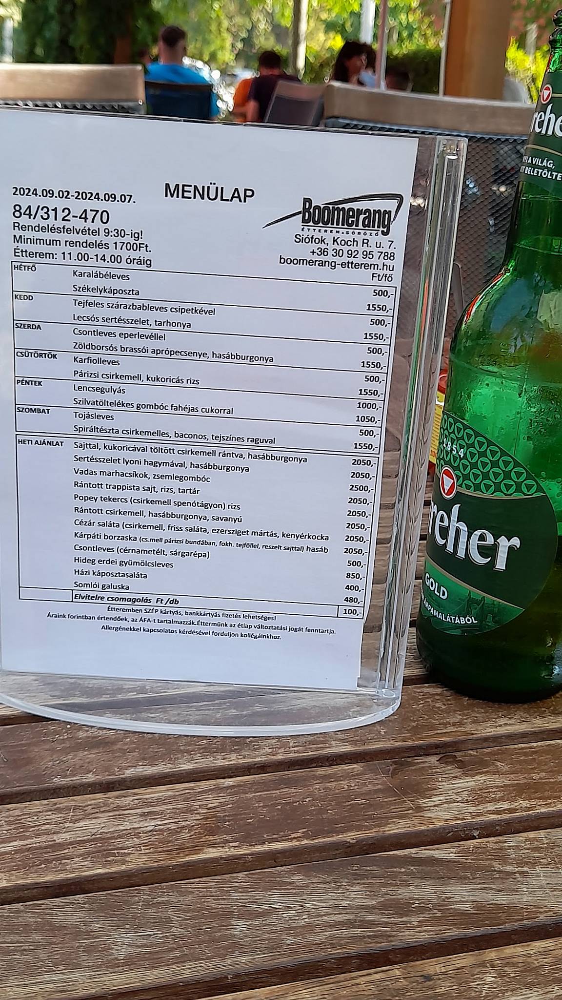 Menu at Boomeráng Étterem, Söröző restaurant, Siófok