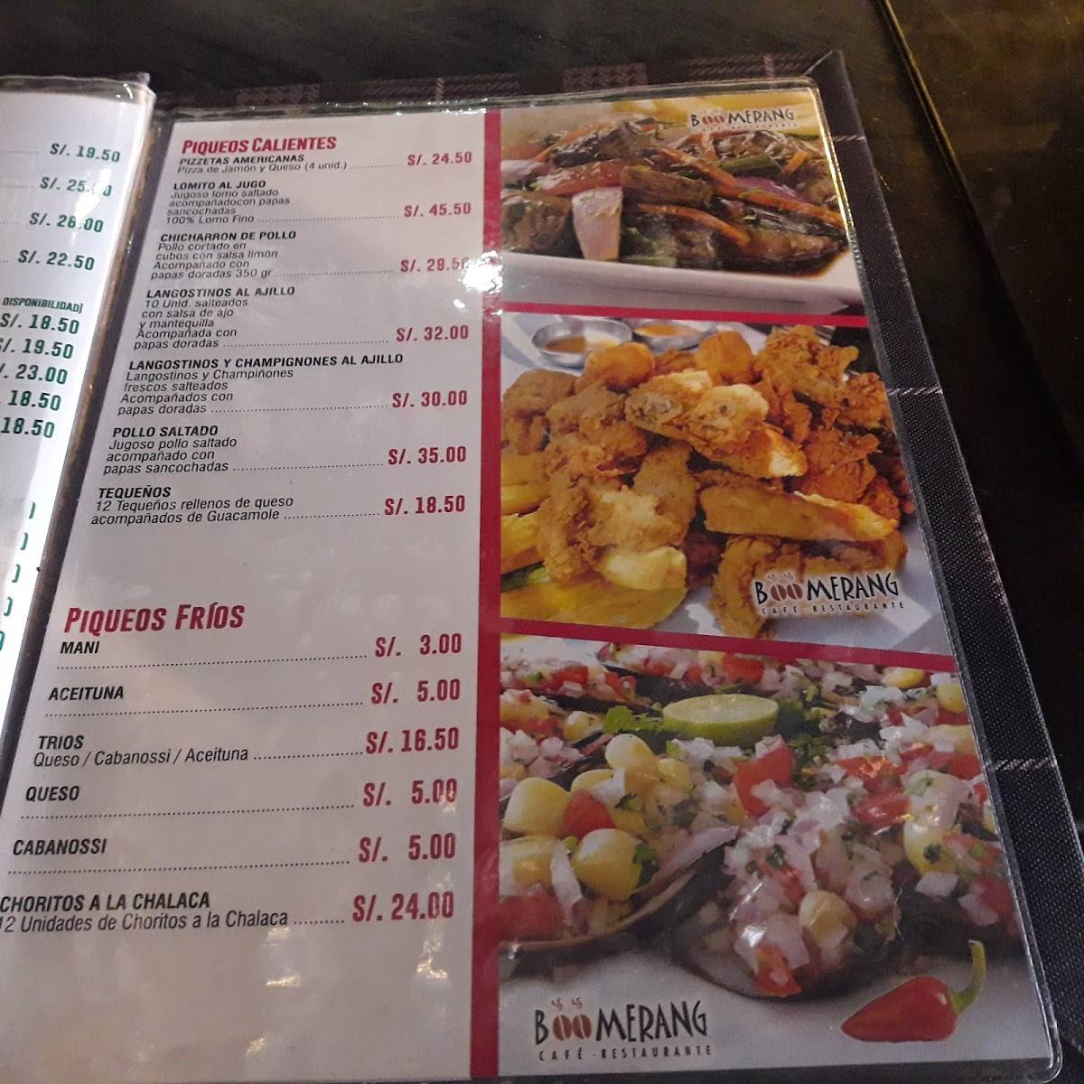 Menu at Boomerang Restaurant Cafe, Miraflores
