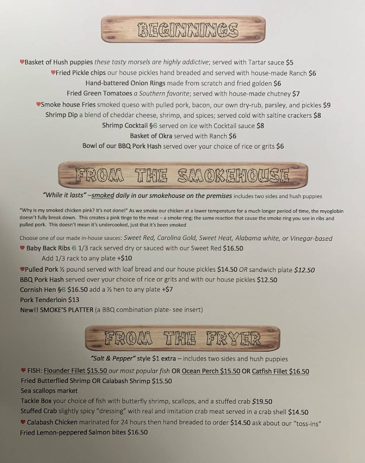 Menu at Boondocks Fish Camp & Smoke House BBQ, Gray Court