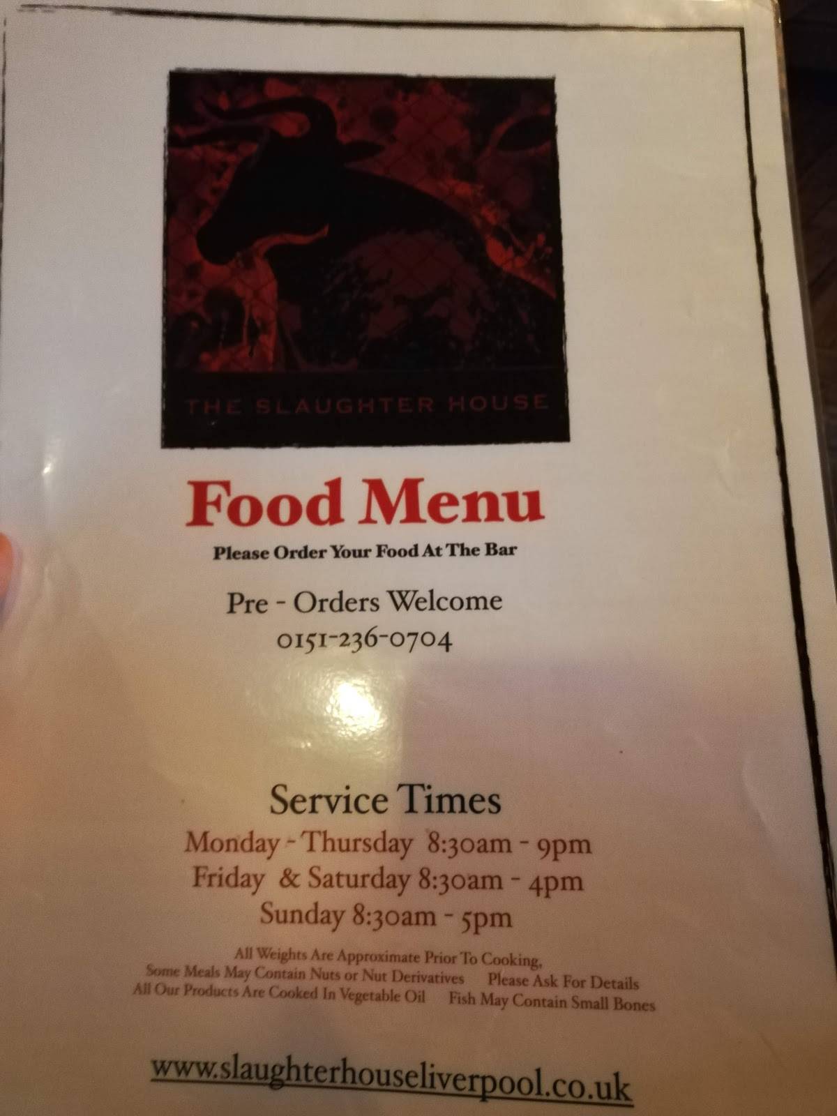 Menu at The Slaughter House pub & bar, Liverpool, 13-15 Fenwick St
