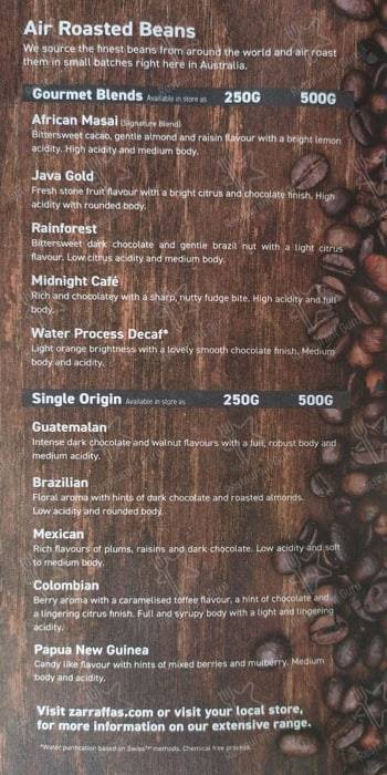 Menu at Zarraffa's Coffee Booval cafe, Booval, 106 Brisbane Rd