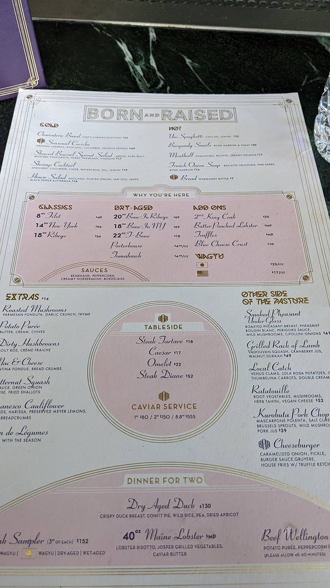 Menu at Born and Raised steakhouse, San Diego, India St