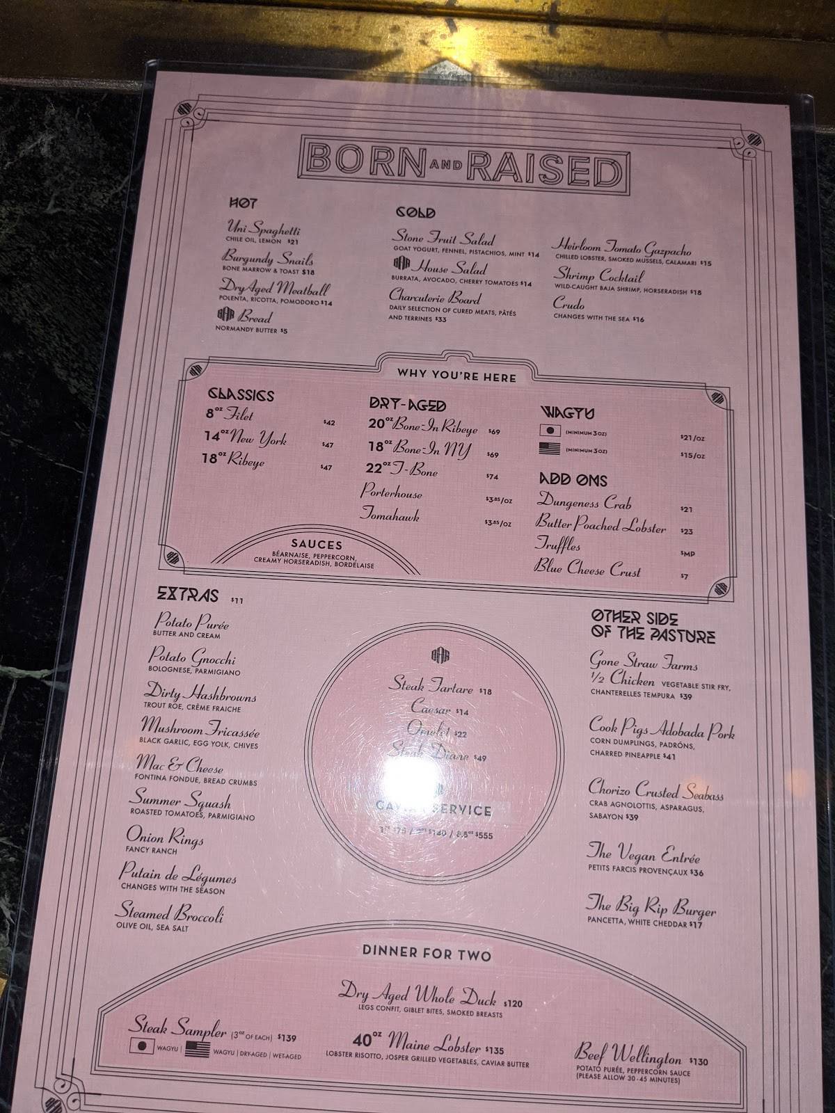 Menu at Born and Raised steakhouse, San Diego, India St