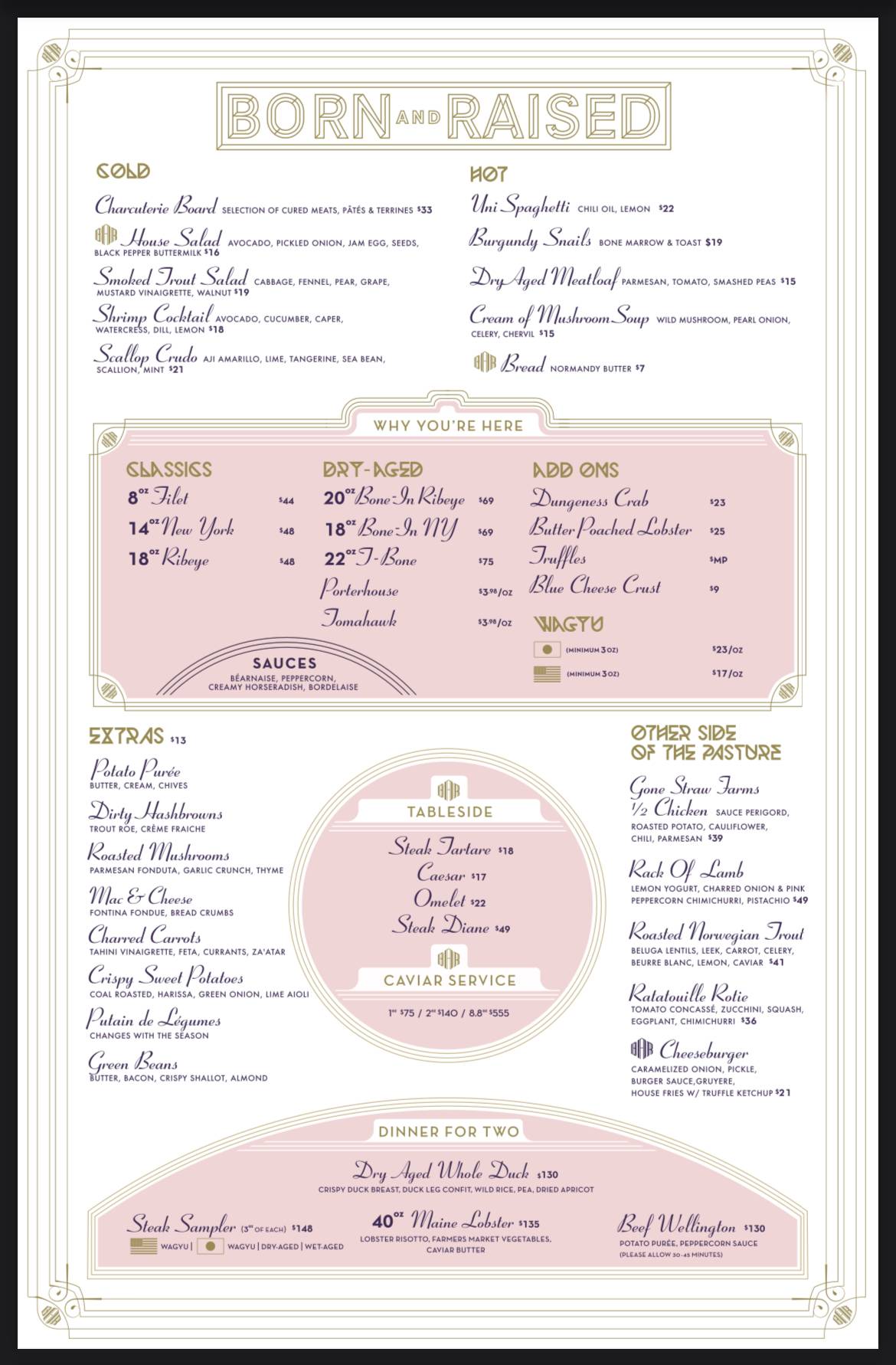 Menu at Born and Raised steakhouse, San Diego, India St