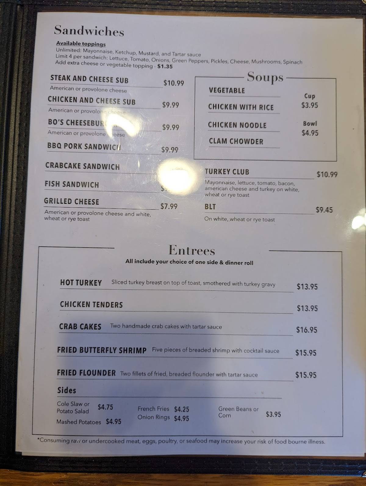 Menu at Bo's Cafe, King George