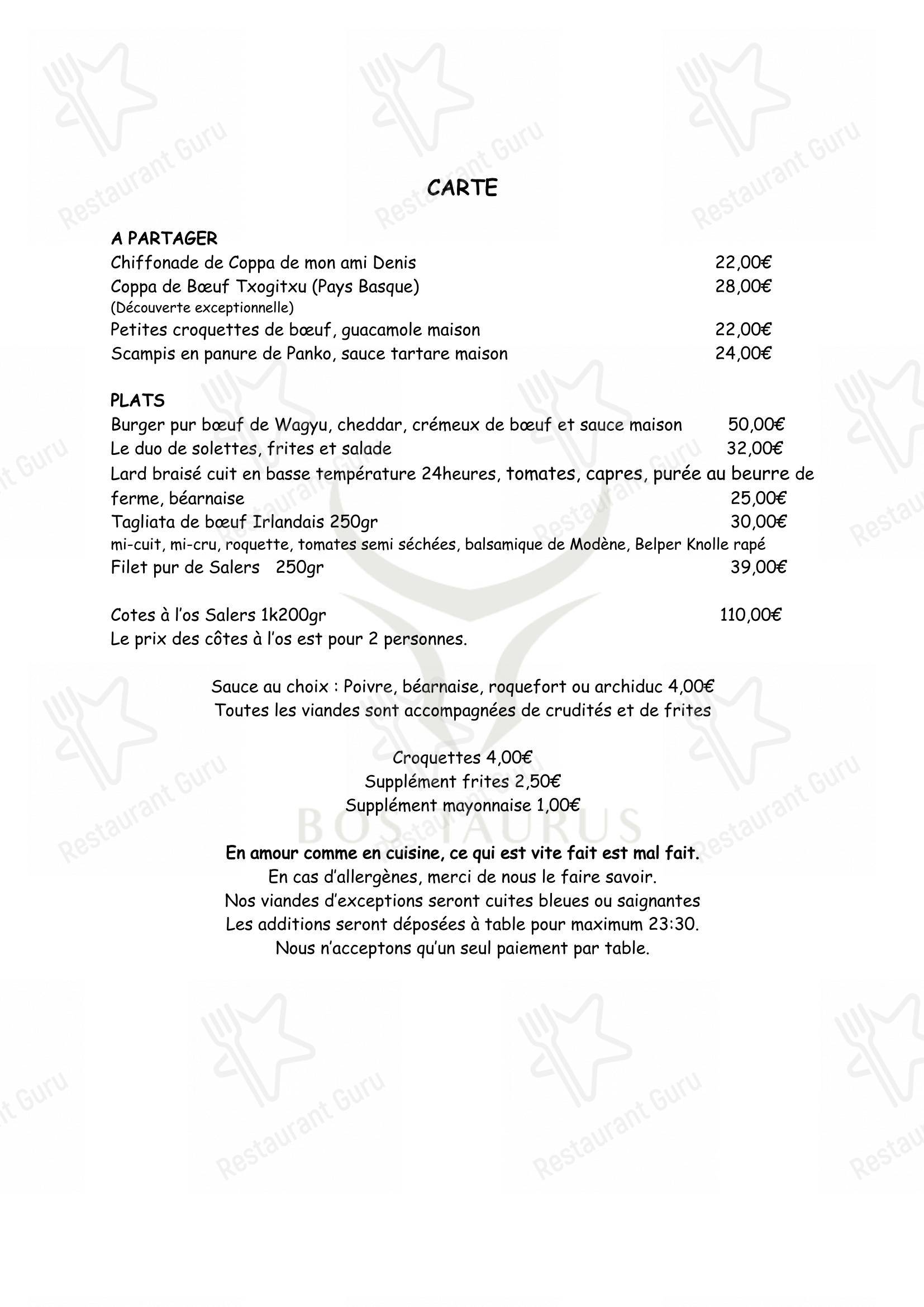 Speisekarte von Bos Taurus restaurant, Namur