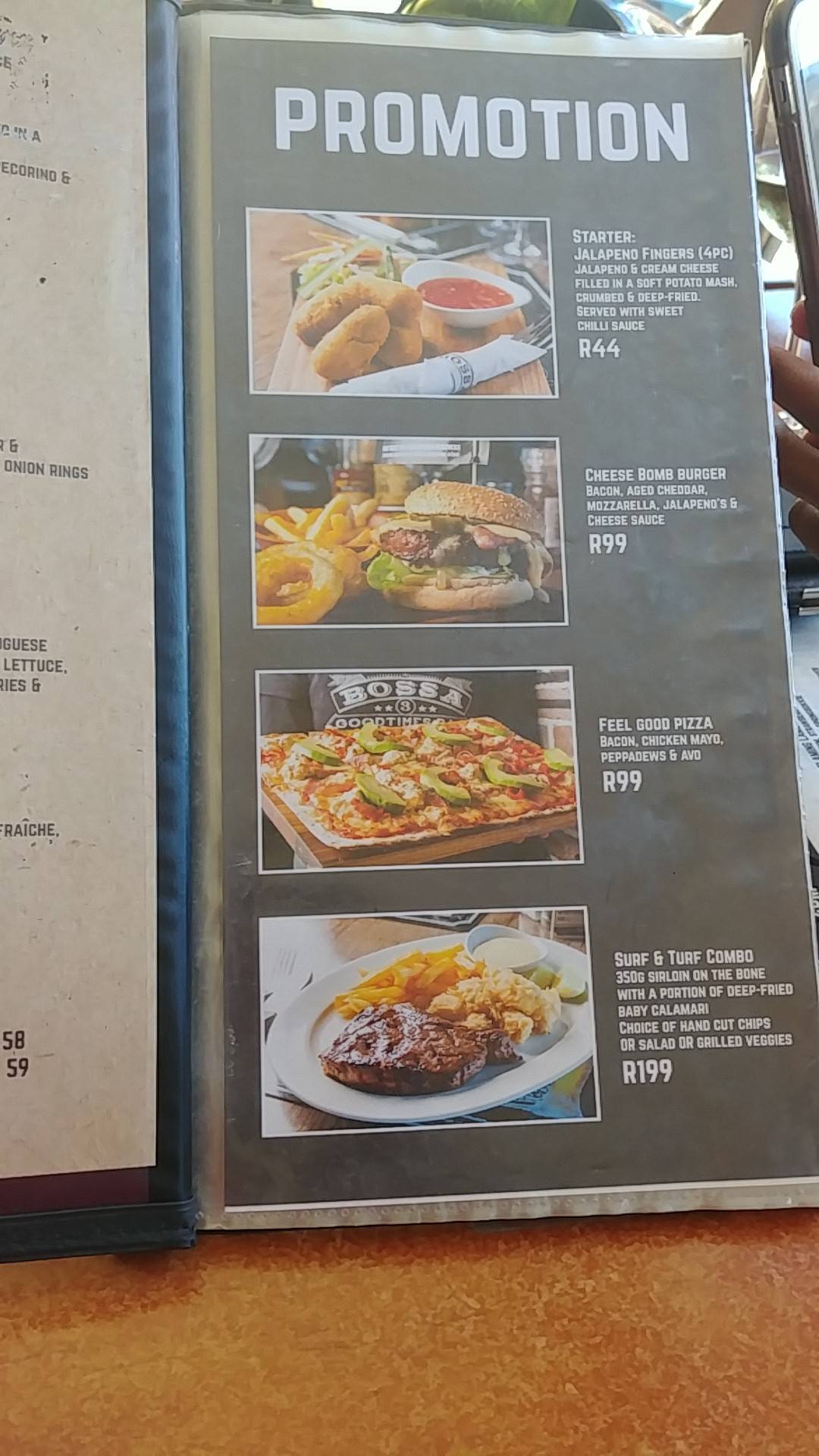 Menu at Bossa Tyger Falls restaurant, Cape Town, Shop 2