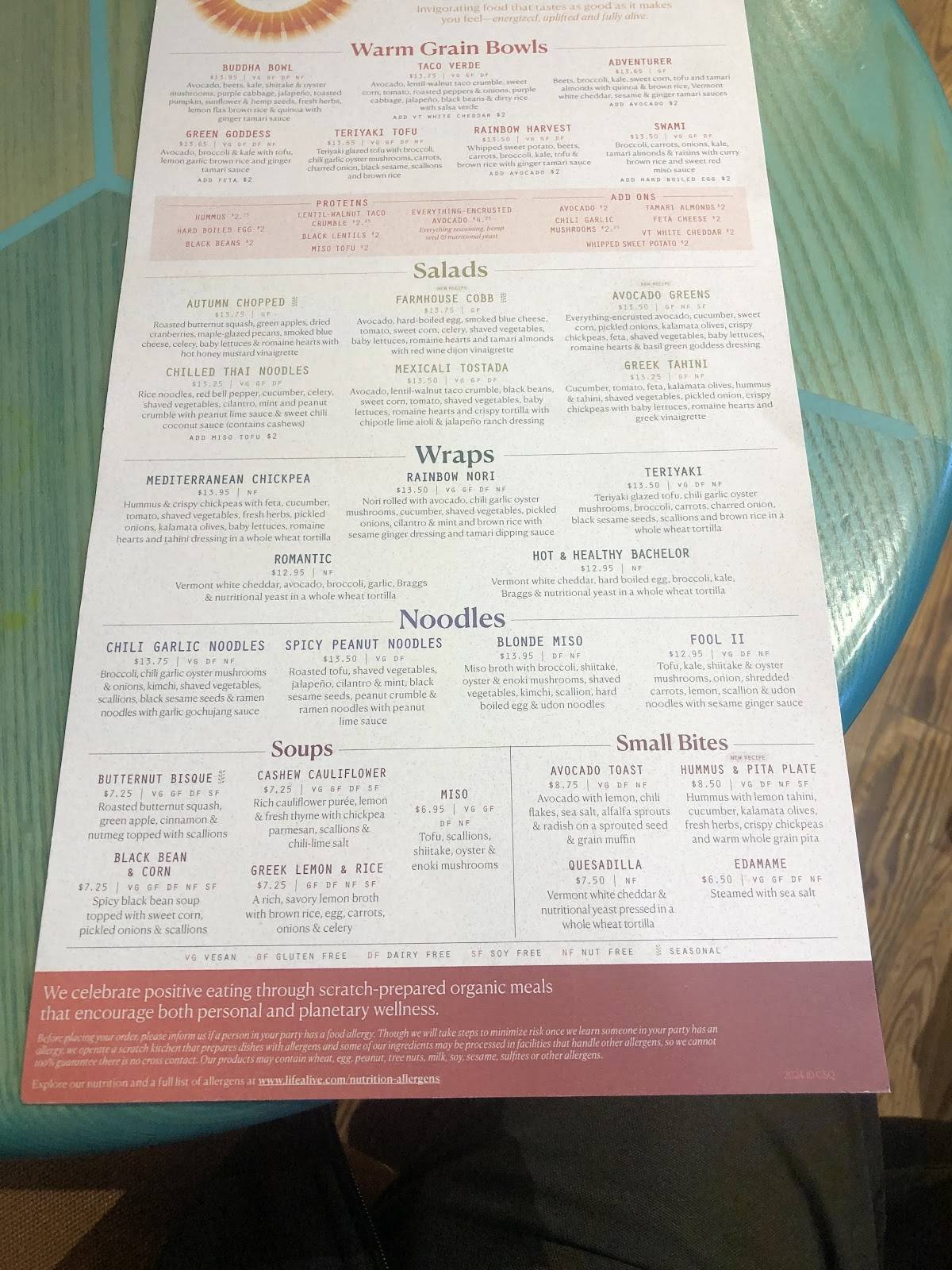 Carta de Life Alive Organic Cafe Central Square, Cambridge