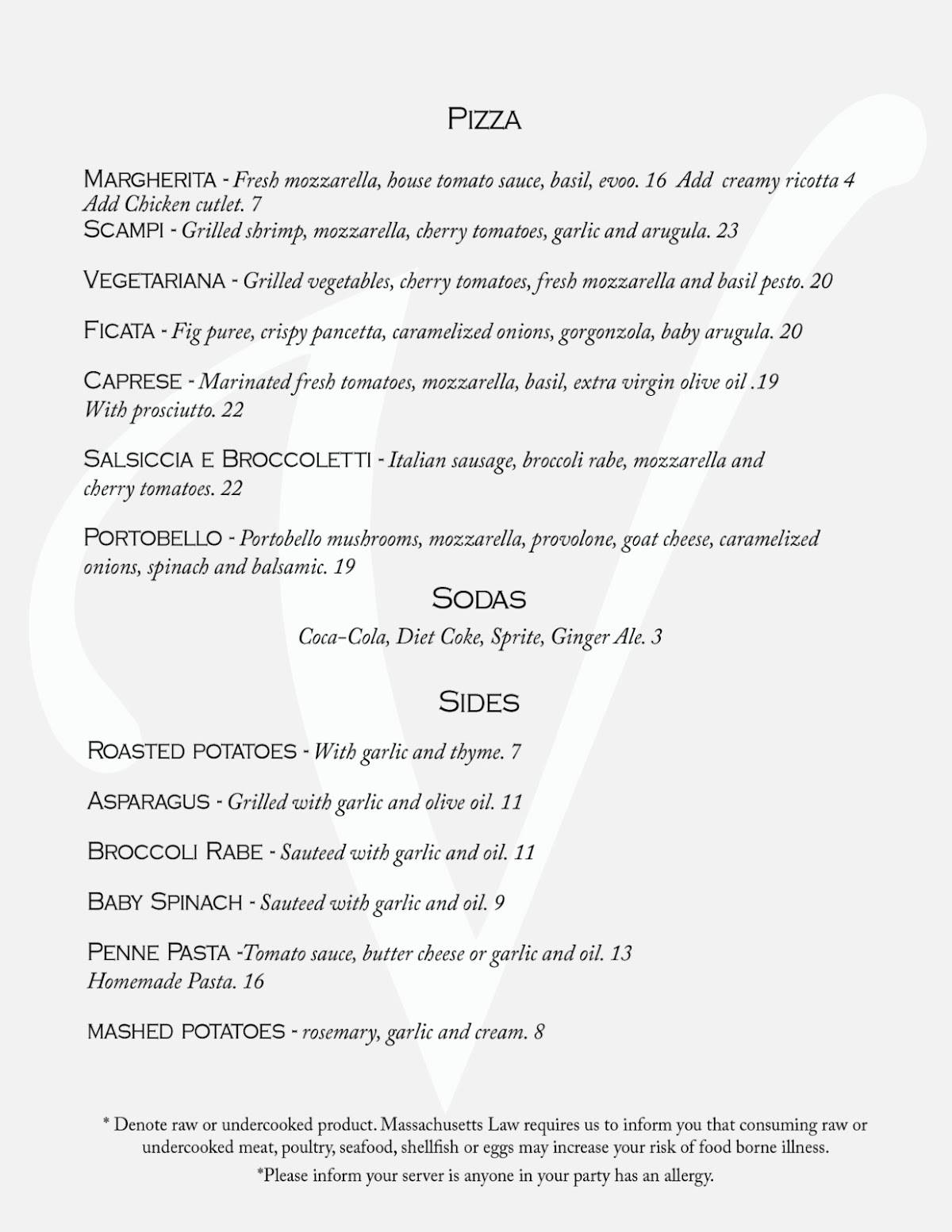 Menu at Volare restaurant, Revere